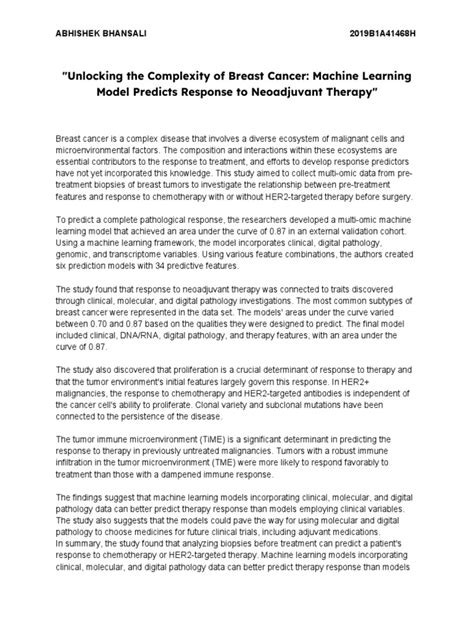 Unlocking The Complexity Of Breast Cancer Machine Learning Model Predicts Response To