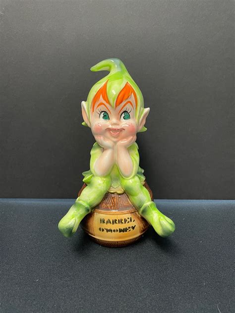 Vintage Lefton Red Head Pixie Elf In Green Ceramic Bank Barrel Omoney