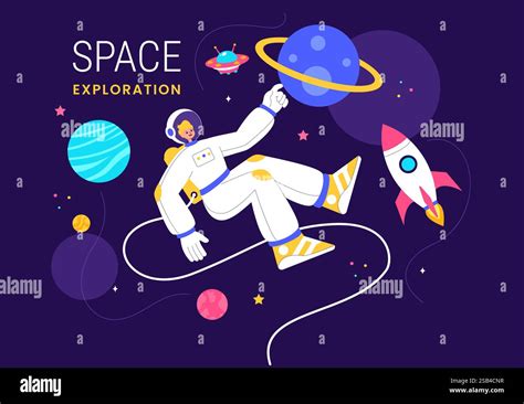 Space Exploration Vector Illustration Featuring An Astronaut Floating In Outer Space Among