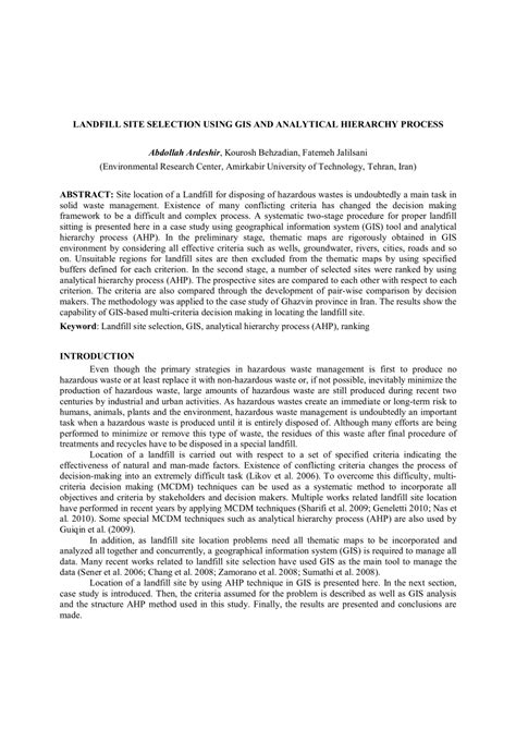 Pdf Landfill Site Selection Using Gis And Analytical Hierarchy Process