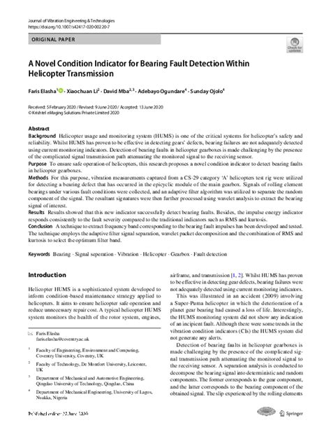 Pdf A Novel Condition Indicator For Bearing Fault Detection Within