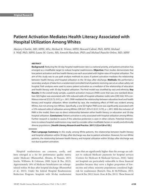 Pdf Patient Activation Mediates Health Literacy Associated With Hospital Utilization Among Whites