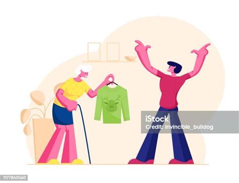 크리스마스 휴일에 성인 손자에 순록 머리 프린트와 전통적인 니트 스웨터를 제시 하는 산책 지팡이와 선임 여자 할머니 크리스마스에 대 한 선물 만화 플랫 벡터 일러스트 12