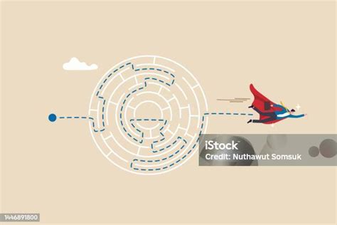 비즈니스 문제를 해결하는 전문 기술 어려움이나 장애물을 극복하기 위한 리더십 또는 창의성 성공 개념 승리를 위한 도전 또는 결정 미로 퍼즐을 푸는 사업가 슈퍼히어로 비행