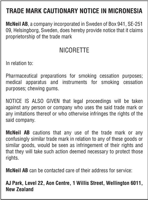 Trade Mark Cautionary Notice For Nicorette In Micronesia Islands Business
