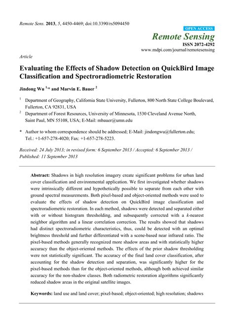Pdf Evaluating The Effects Of Shadow Detection On Quickbird Image Classification And