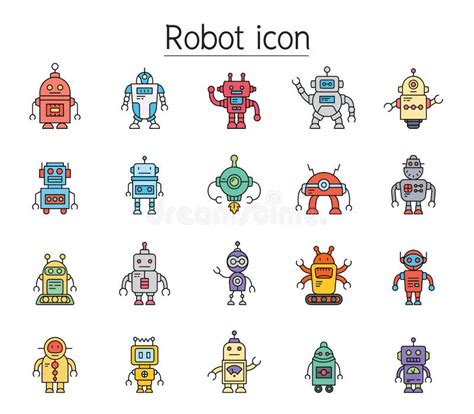 机器人图标集填充轮廓 彩色线性集矢量线图 向量例证 插画 包括有 英雄 工厂 胸部丰满 通信 214594241