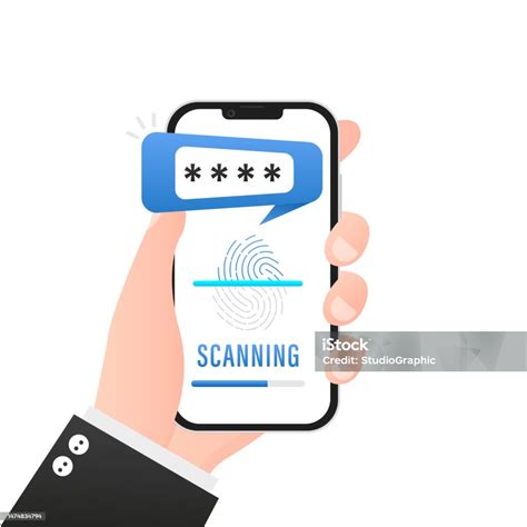 스마트 폰에 방패가있는 지문 스캐너 자물쇠와 방패 아이콘이 있는 생체 인식 지문 암호 Id를 터치합니다 보안 로그인 식별 암호 인터페이스 벡터 그림 3d 스캔에 대한 스톡