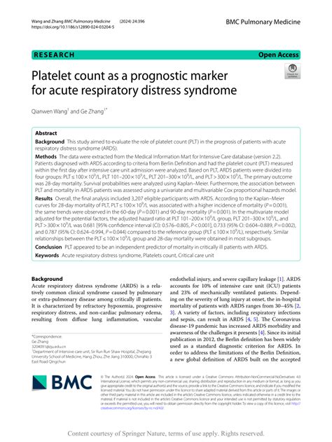 Pdf Platelet Count As A Prognostic Marker For Acute Respiratory