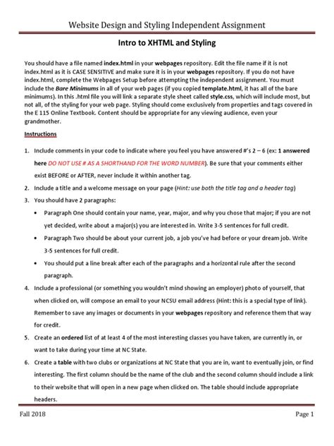 website design and styling independent assignment pdf html element