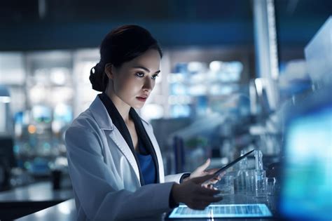 Premium Ai Image A Chemistry Lab Woman With Tablet In The Laboratory With Generative Ai