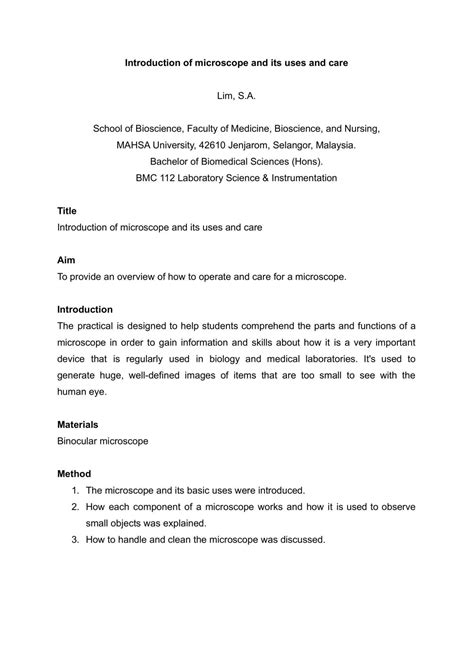 lab report introduction of microscope and its uses and care bmc 112