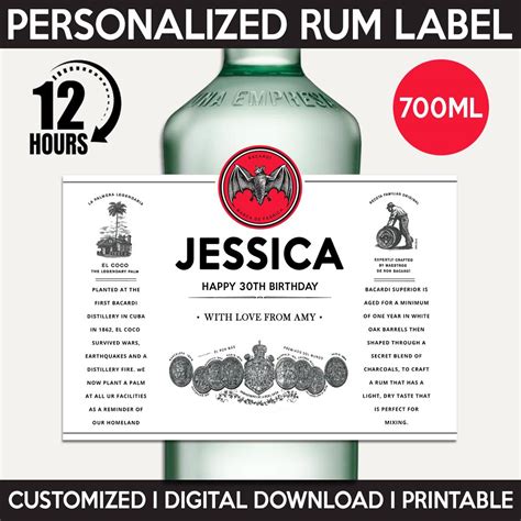 Custom Rum Label Replica Personalized And Printable Template Digital Download White Rum Bottle
