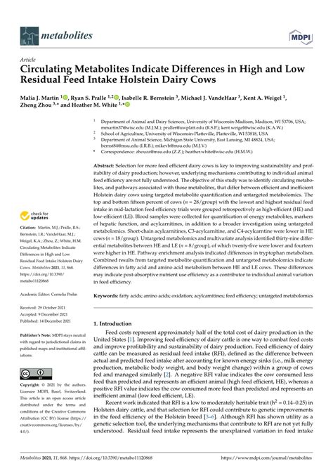 Pdf Circulating Metabolites Indicate Differences In High And Low Residual Feed Intake Holstein