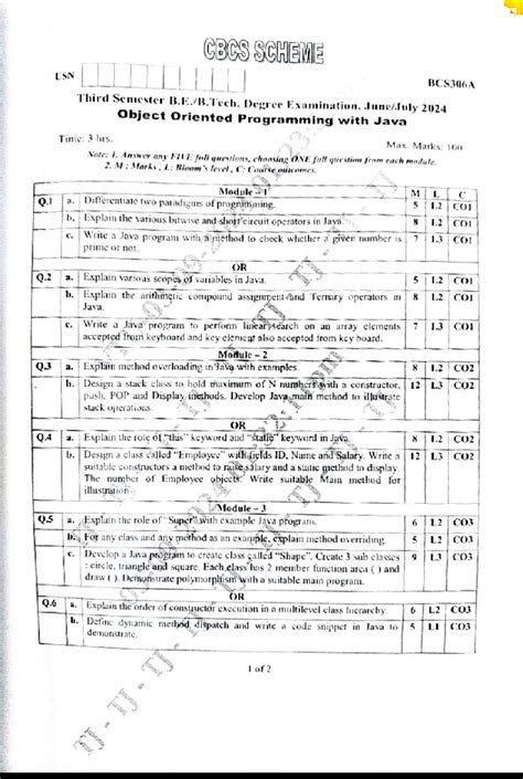 Bcs306a Model Question Paper For Object Oriented Programming With Java