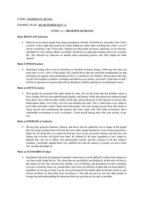 Ethics New Here Name Anthony B Butay Course Year Bs Meteorology 1a Intro 1a Benefits Of