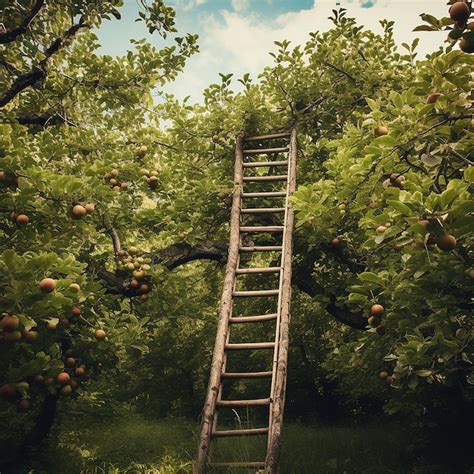 Premium Photo A Ladder Leaning Against A Tree Is Used To Pluck Ripe