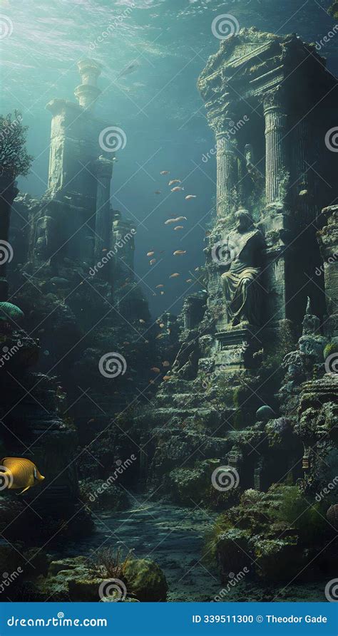 An Underwater City With Ancient Ruins And Columns Casting Long Shadows With A Few Yellow Fish