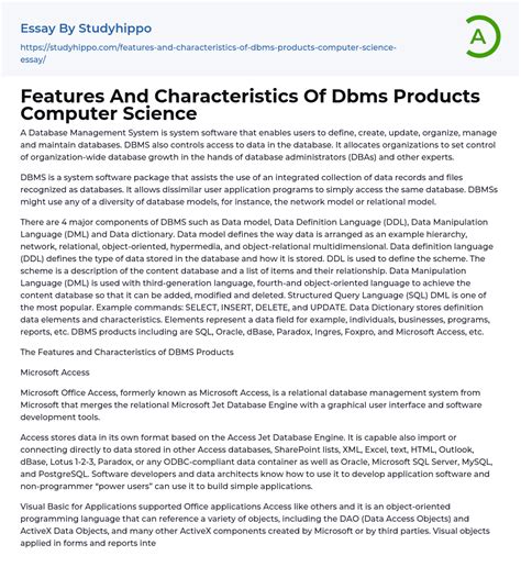 Features And Characteristics Of Dbms Products Computer Science Essay Example