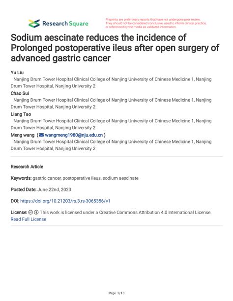 Pdf Sodium Aescinate Reduces The Incidence Of Prolonged Postoperative Ileus After Open Surgery