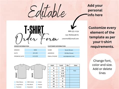 Shirt Order Form Editable T Shirt Order Form Template Custom Order Template Fillable T Shirt