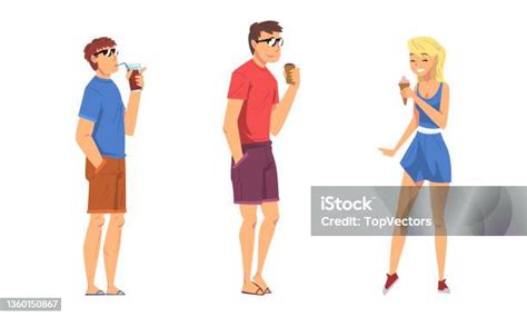 반바지와 선글라스를 마시는 소다와 먹는 아이스크림 벡터 세트에서 편안한 사람들 캐릭터 세트 남자에 대한 스톡 벡터 아트 및 기타 이미지 남자 해변 선글라스 Istock
