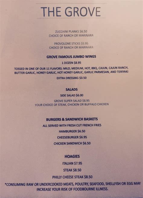 Menu At The Grove Pub And Bar Pittsburgh