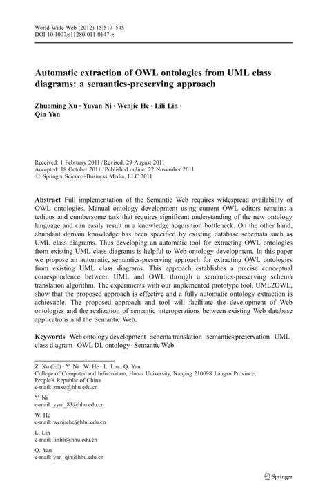 Pdf Automatic Extraction Of Owl Ontologies From Uml Class Diagrams A Semantics Preserving