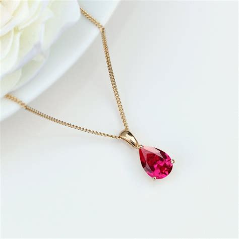 9ct Yell Gold Lab Grown 10 X 7mm Ruby Teardrop Pendant Necklace Ruby