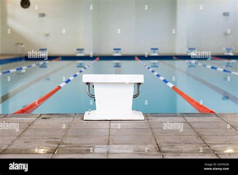 Swimmers Are Not Visible Indoors Only An Empty Starting Block By The