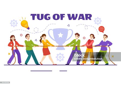 줄다리기 벡터 일러스트레이션 플랫 만화 손으로 그린 배경 템플릿에서 비즈니스 경쟁에 밧줄의 반대쪽 끝을 당기는 사람들 경쟁에