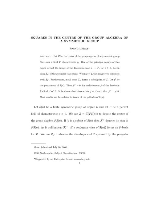Pdf Squares In The Centre Of The Group Algebra Of A Symmetric Group