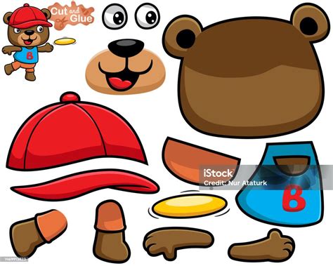 비행 디스크를 가지고 노는 모자를 쓴 곰 만화의 벡터 그림 컷아웃 및 접착 0명에 대한 스톡 벡터 아트 및 기타 이미지 0명 가위 곰 Istock