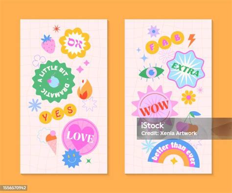 90년대 스타일의 패치와 스티커가 있는 벡터 인스타 스토리 템플릿 개체 그룹에 대한 스톡 벡터 아트 및 기타 이미지 개체 그룹 스티커 이미지 기반 소셜 미디어