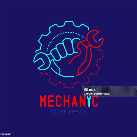 정비사 로고 아이콘 기어 프레임 개요 획에 손을 잡고 렌치 세트 정비공 텍스트와 복사 공간 벡터 Eps 10와 어두운 파란색 배경에 격리는 대시 선 디자인 일러스트 레이 션