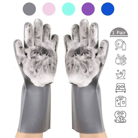 Kitchen Silicone Dishwashing Gloves With Scrubber Reusable For Dish
