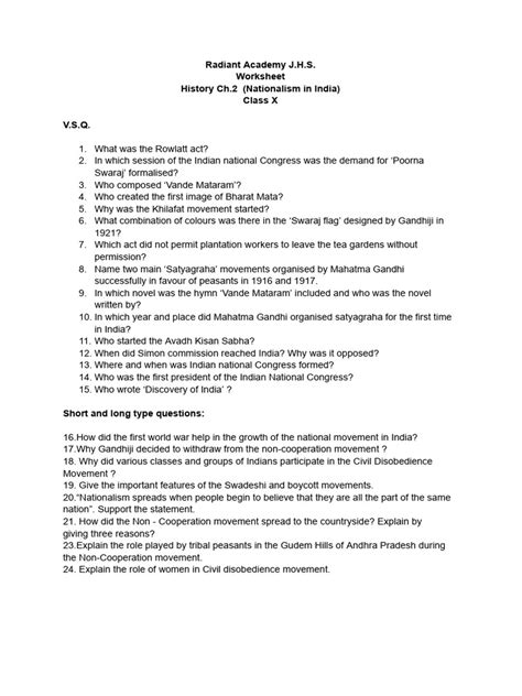 Nationalism In India Class X Worksheet Pdf