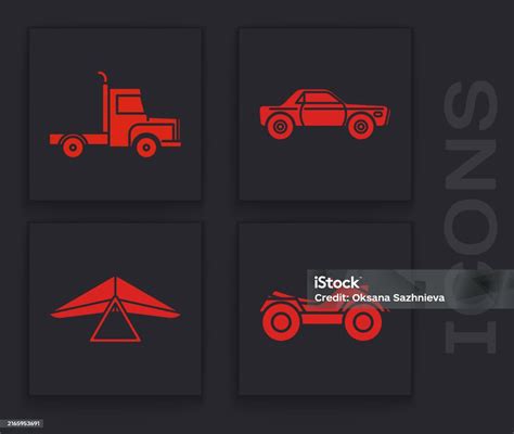 모든 지형 차량 또는 Atv 오토바이 배달화물 트럭 차량 세단 자동차 및 행글라이더 아이콘을 설정합니다 벡터 개념에 대한 스톡 벡터 아트 및 기타 이미지 Istock