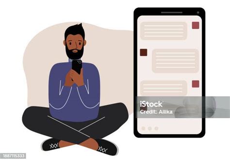 한 남자가 앉아서 전화기를 들고 있다 해당 내용이 화면에 표시됩니다 채팅 Sms 서비스 기술 지원의 개념 기포에 대한 스톡 벡터 아트 및 기타 이미지 Istock