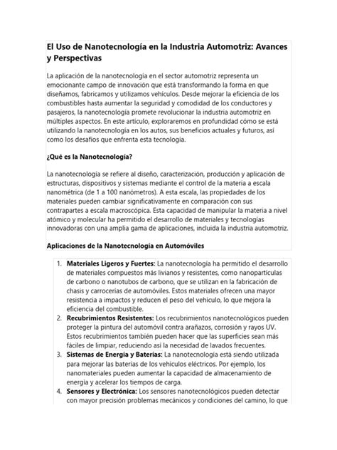 El Uso De Nanotecnología En La Industria Automotriz Descargar Gratis