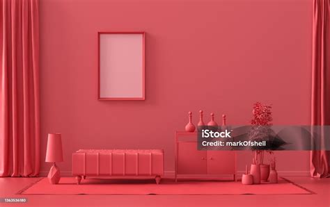 어두운 빨간색의 단일 프레임 갤러리 벽 가구와 식물이있는 적갈색 색상 흑백 플랫 룸 3d 렌더링 가정의 방에 대한 스톡 사진 및
