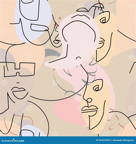 One Line Drawing Abstract Face Seamless Pattern Stock Vector