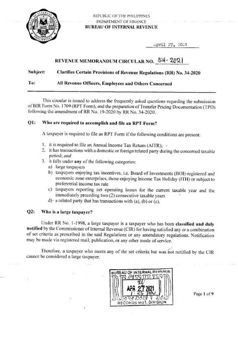 Clarifications On The Submission Of BIR Form 1709 And Preparation Of Transfer Pricing