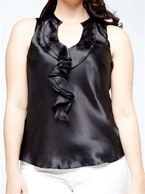Karida Karida Black Double Frill Sleeveless Satin Blouse Plus
