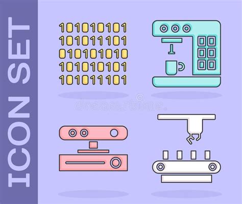 Set Factory Conveyor System Belt Binary Code Motion Sensor And Coffee Machine Icon Vector