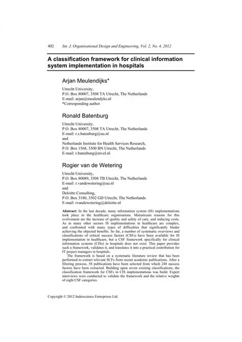 Pdf A Classification Framework For Clinical Information System