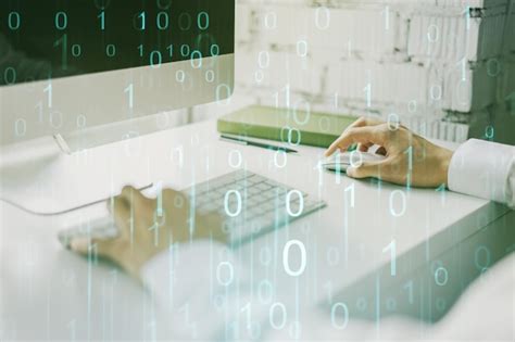 premium photo creative abstract binary code hologram and hands typing
