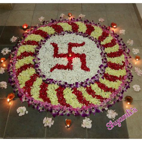 Flower Rangoli Design With Rose Petals