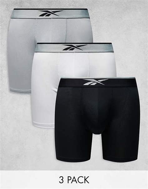 Reebok 3 Pack Mack Sports Trunks In Blackwhitegrey Marl Asos