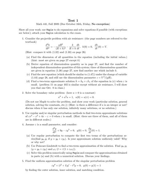 Practice Exam 1 Ordered Differential Equations Ii Math 441 Docsity
